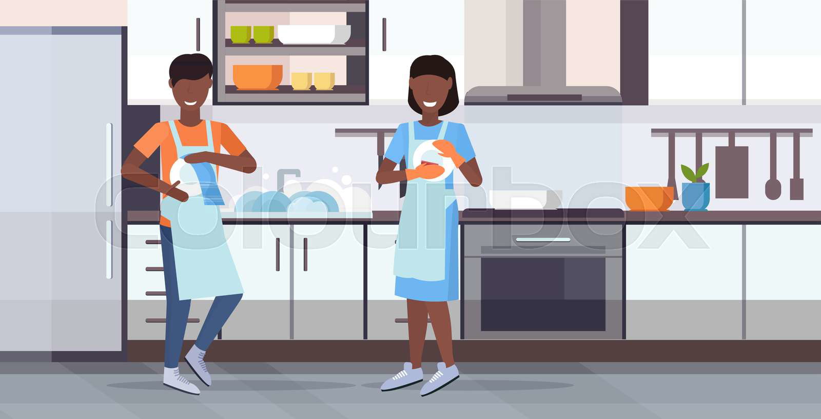 Man Woman Washing Dishes Wiping Plates With Towel Dishwashing Concept African American Couple In