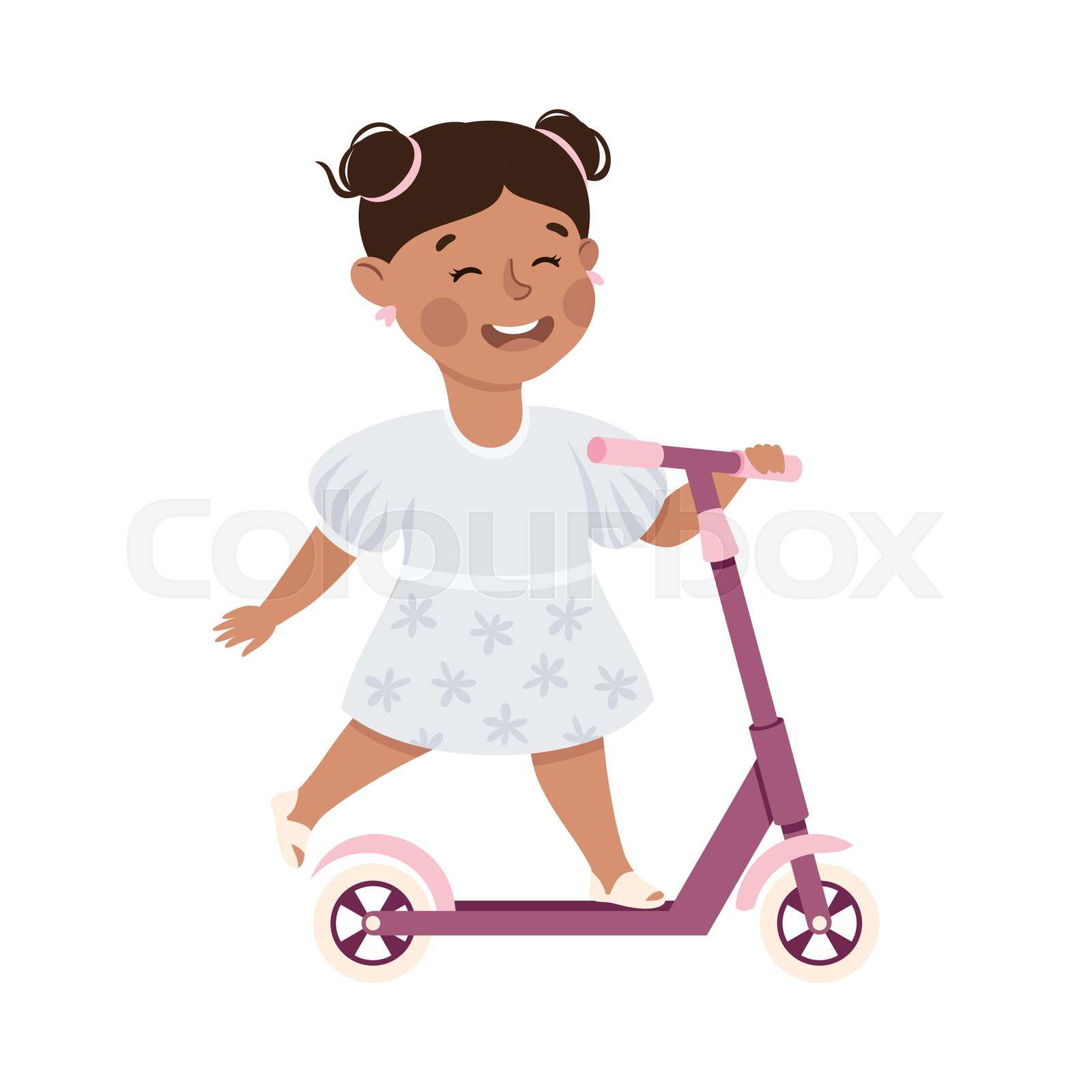 Happy Little Girl Riding on Kick Scooter Pushing Off the Gro Colourbox