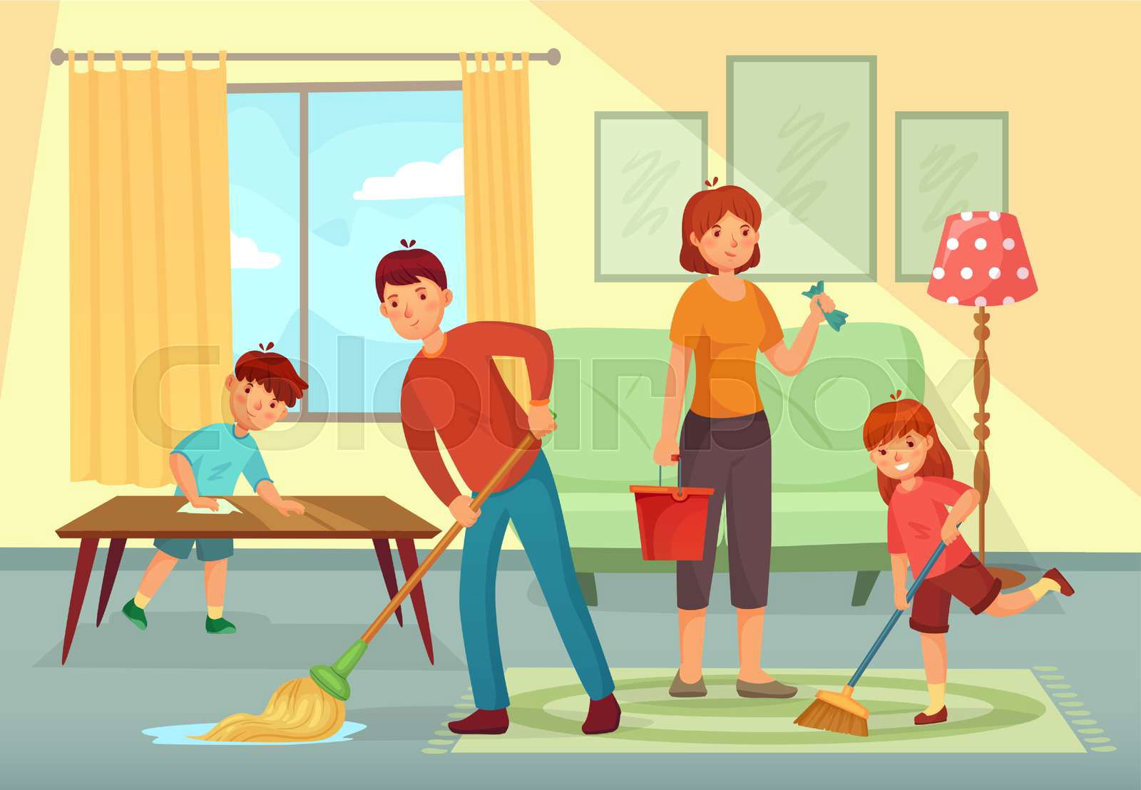 Family cleaning house. Father mother and kids cleaning livi Colourbox