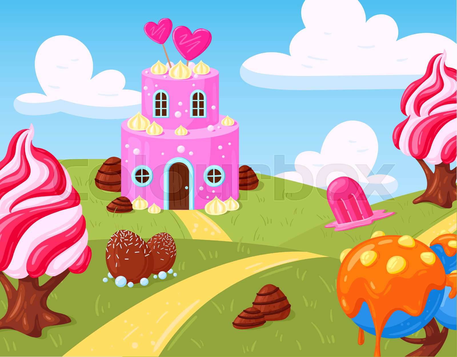 Cartoon fantasy sweet candy land landscape mobile game elements. Sweets ... Cartoon fantasy sweet candy land landscape mobile game elements. Sweets ...