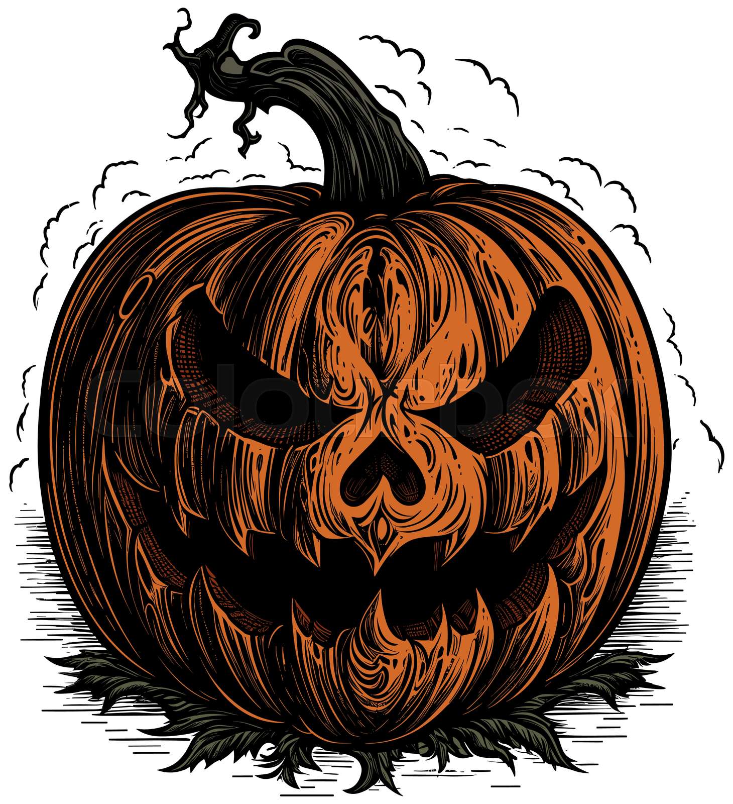 Illustration of creepy Halloween pumpkin lantern on white ba Colourbox