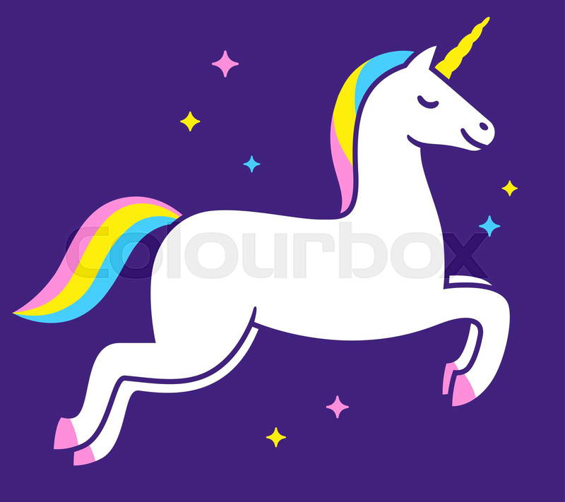 Cartoon White Unicorn With Rainbow Sparkles On Purple Backgr Colourbox