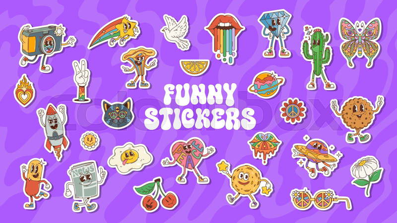 Retro Funny Groovy Stickers Vector Set Of Cartoon Quirky Ch Colourbox
