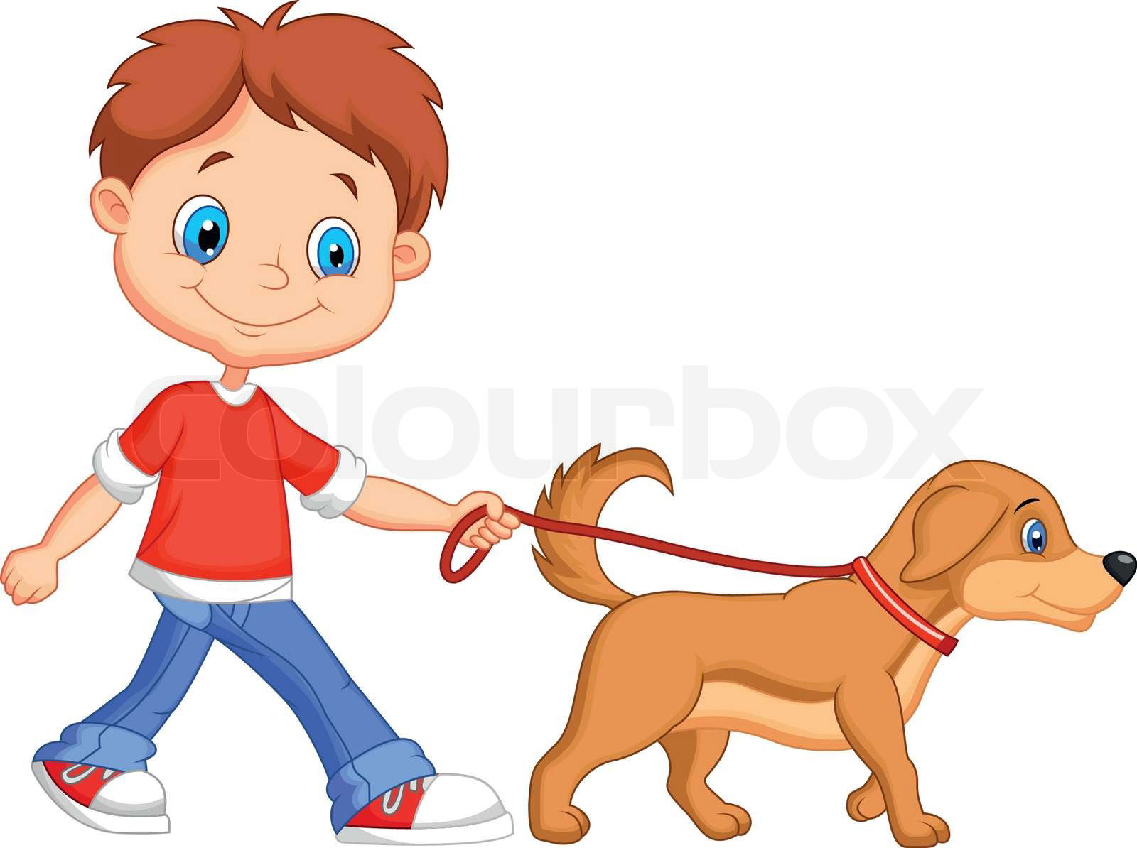 Vector illustration of Cute cartoon boy walking with dog Colourbox