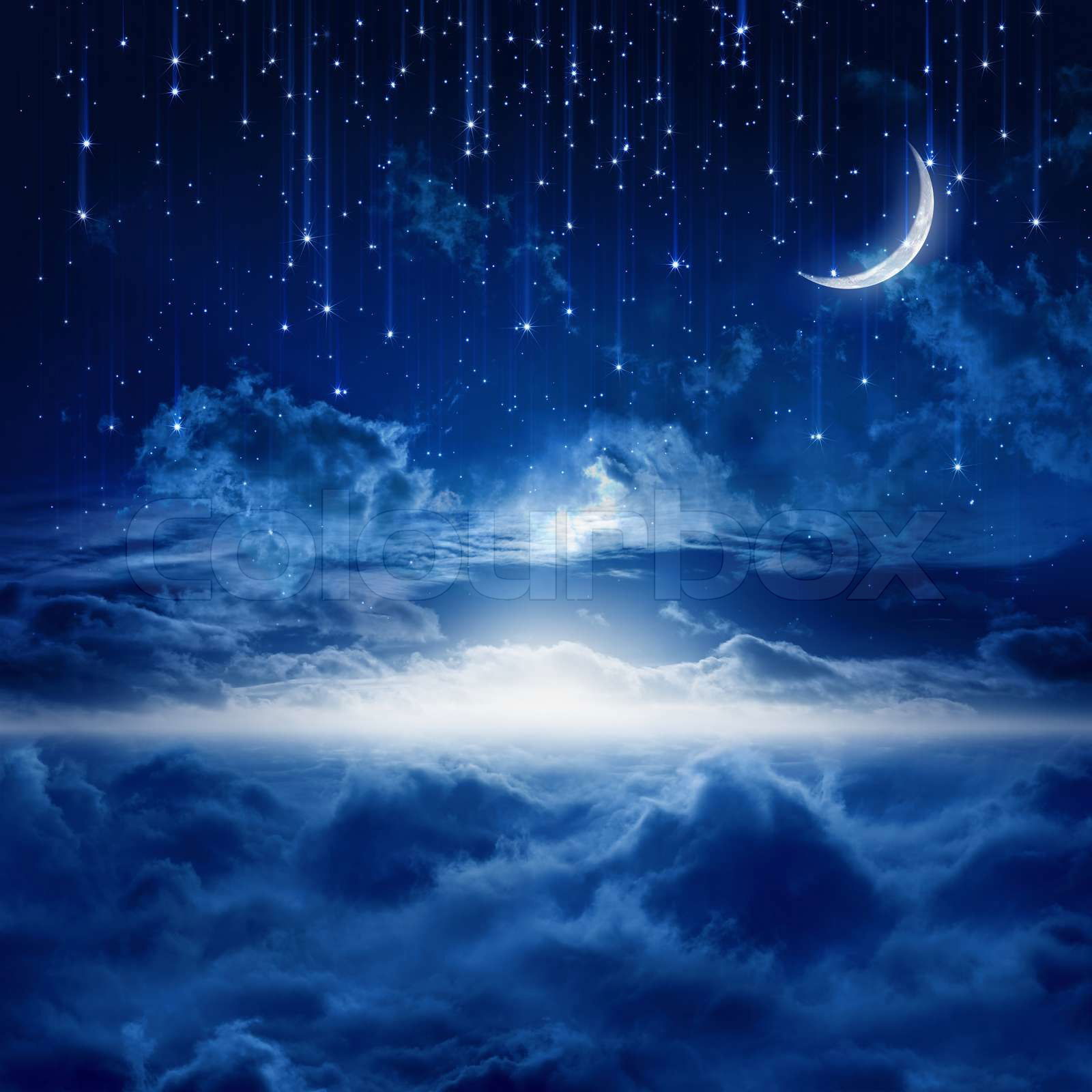 Peaceful background blue night sky with moon falling stars Colourbox